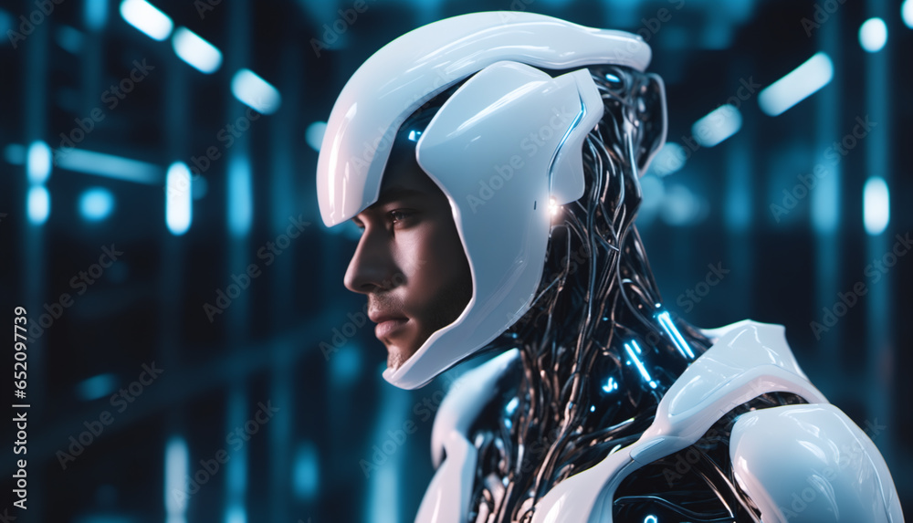 A futuristic portrayal of human-robot cyborg technology with a white ...