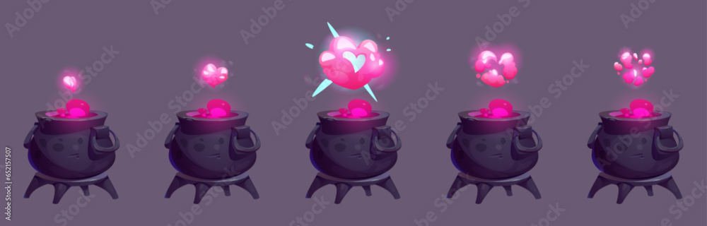 Pink magic witch pot animation cartoon sprite. Heart steam cloud above ...
