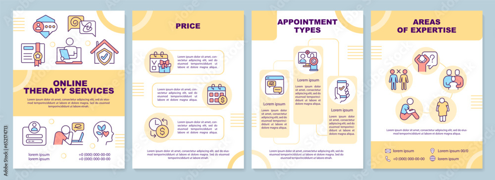2D yellow online therapy brochure template, leaflet design with thin linear icons, 4 vector ...