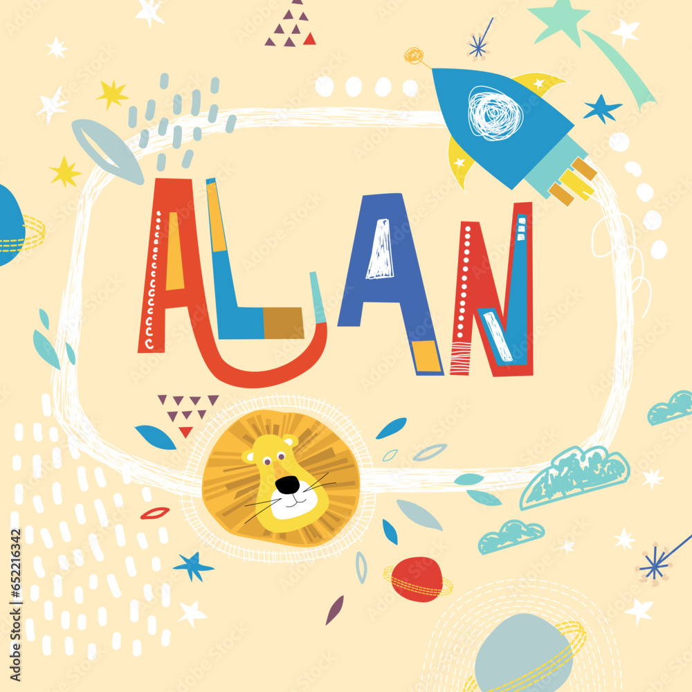 Bright card with beautiful name Alan in planets, lion and simple forms ...