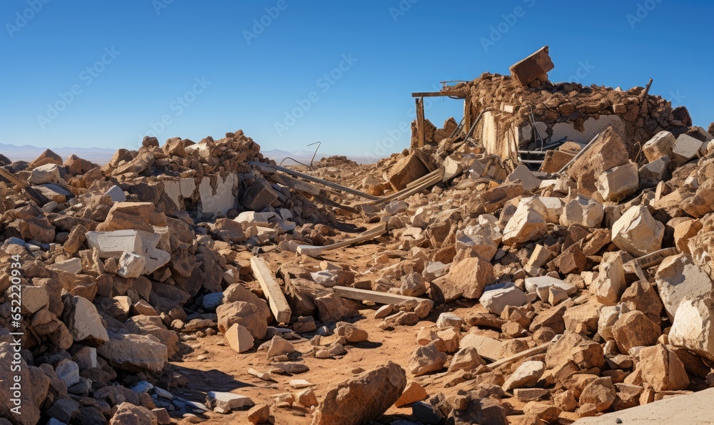 City destroyed by an earthquake. Ruined buildings houses that collapsed ...