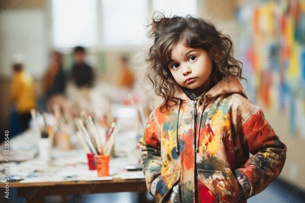 Engaging preschooler, conflicted yet intent on brush strokes, amidst a ...