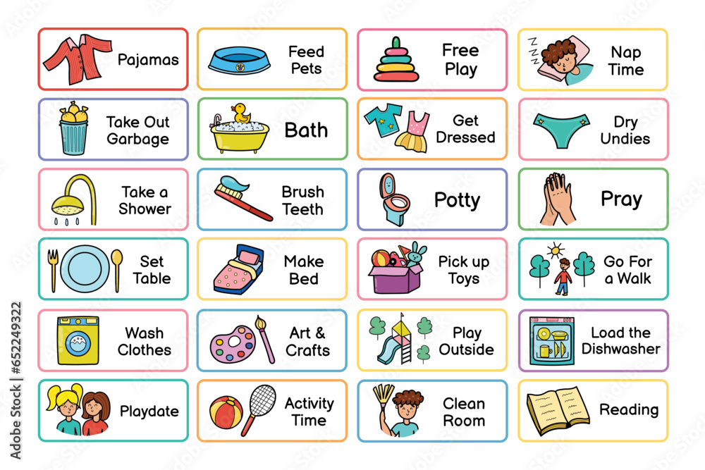 เวกเตอร์ Stock Kids daily routine chores collection. Responsibilities list for the chore chart ...