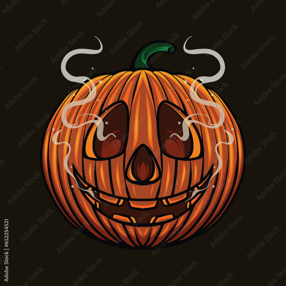 Glowing jack o lantern. Lights in dark pumpkins with scary carved ...