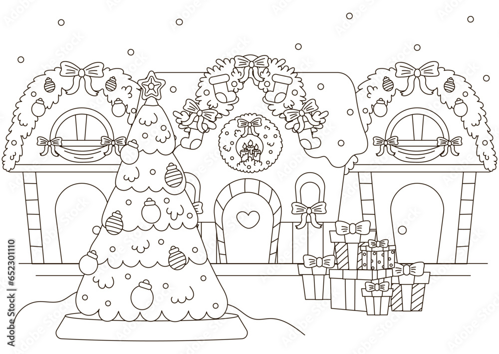 Christmas outdoor background with cozy winter houses and christmas tree ...