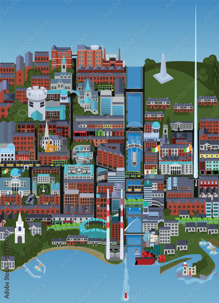 Illustrated city of Dublin featuring its most important tourist ...