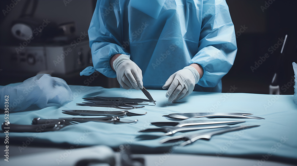 Pre-surgery setup. Person in medical scrubs organizing scalpels and ...