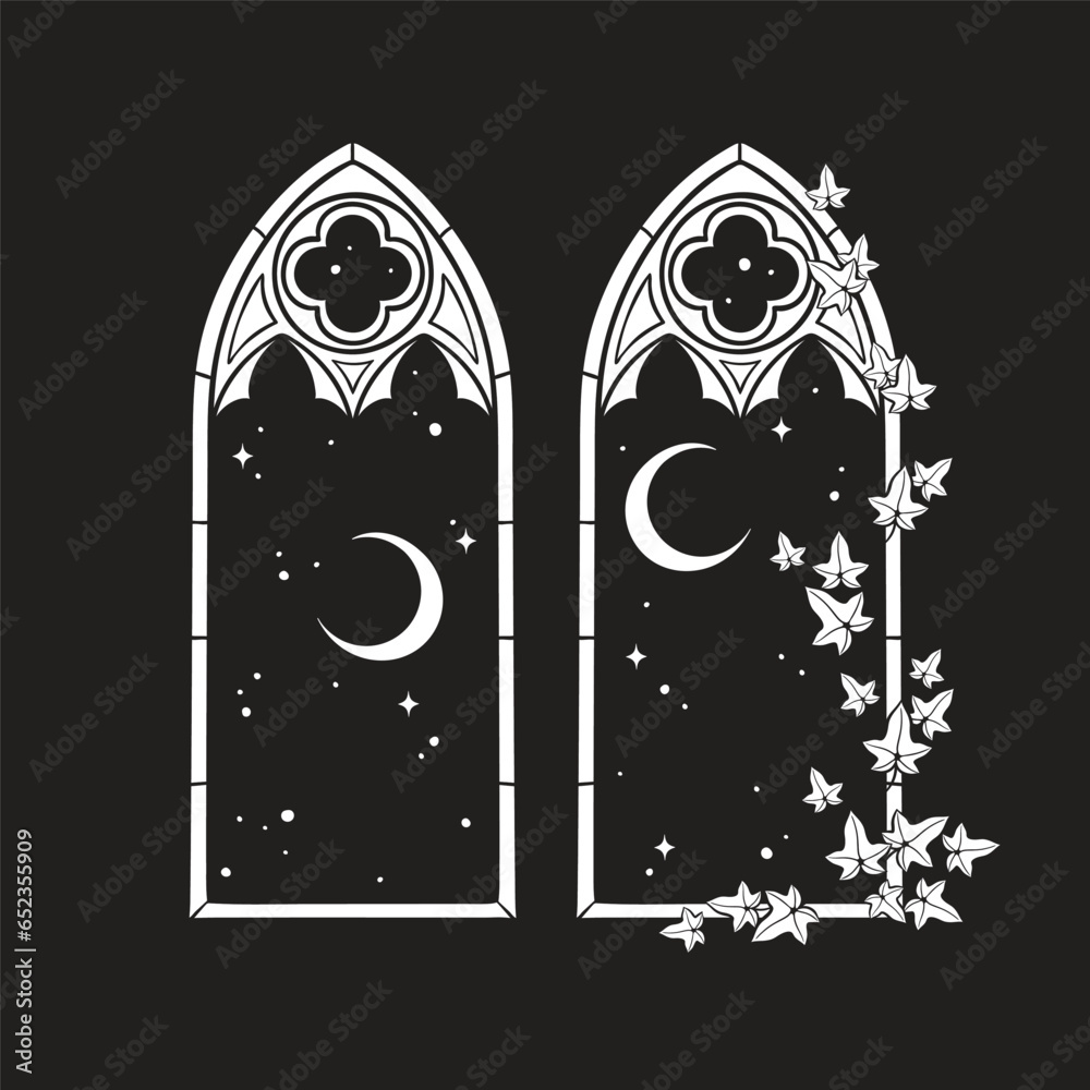 Gothic windows with poison ivy and night sky with crescent moon hand ...