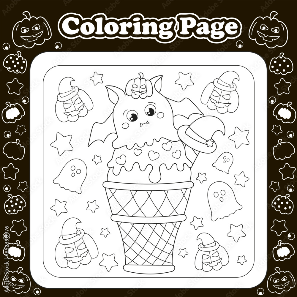 Halloween sweets themed coloring page for kids with kawaii ghost and ...