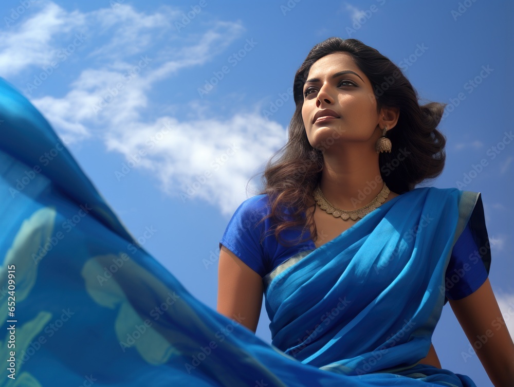 Clear sky backdrop highlights Kerala woman's vibrant blue saree chic ...