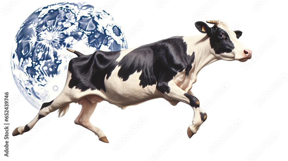 a cow jumped over the moon in a story book-themed, photorealistic ...