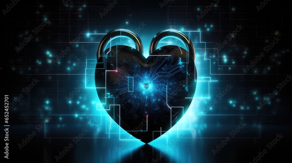 a digital lock, heart shape cyber data security in a horizontal format ...