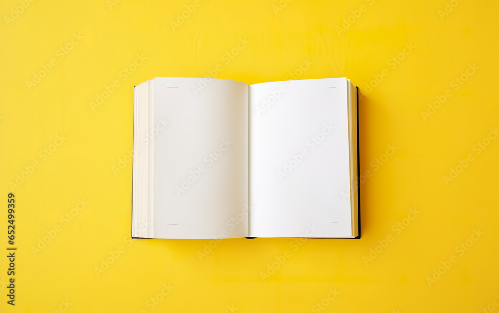 Blank pages of an open book rest delicately on a yellow background ...