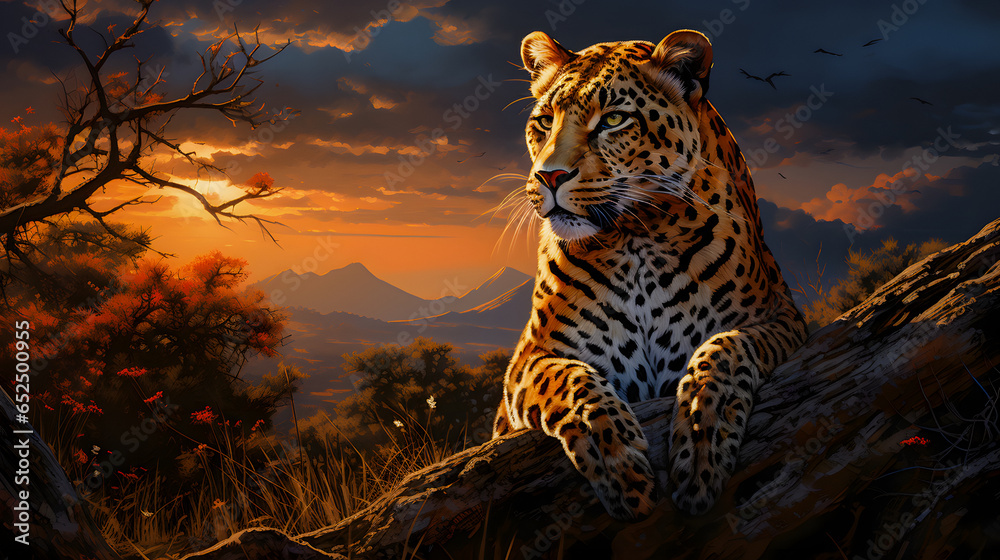 painting of a leopard sitting on a tree branch in a field Generative AI ...