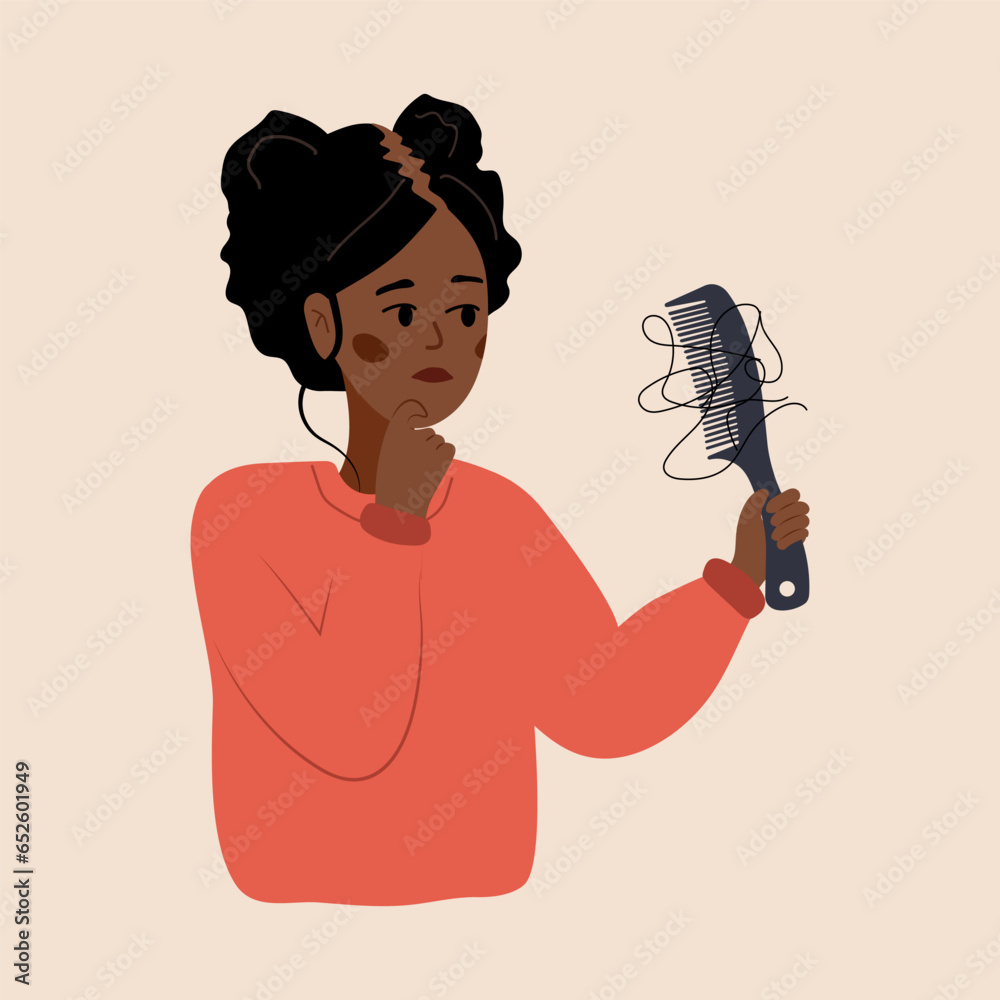 Alopecia concept. Sad african woman loses her hair. Baldness disease ...