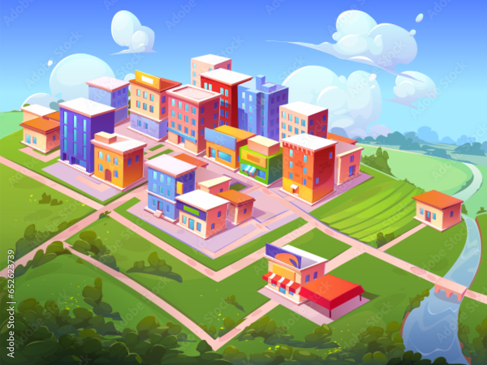 Top city view on map with street road and building. Aerial town highway ...