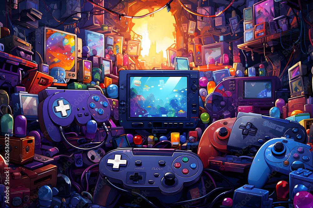 Anime gaiming consoles with colourful joysticks background ai generated ...