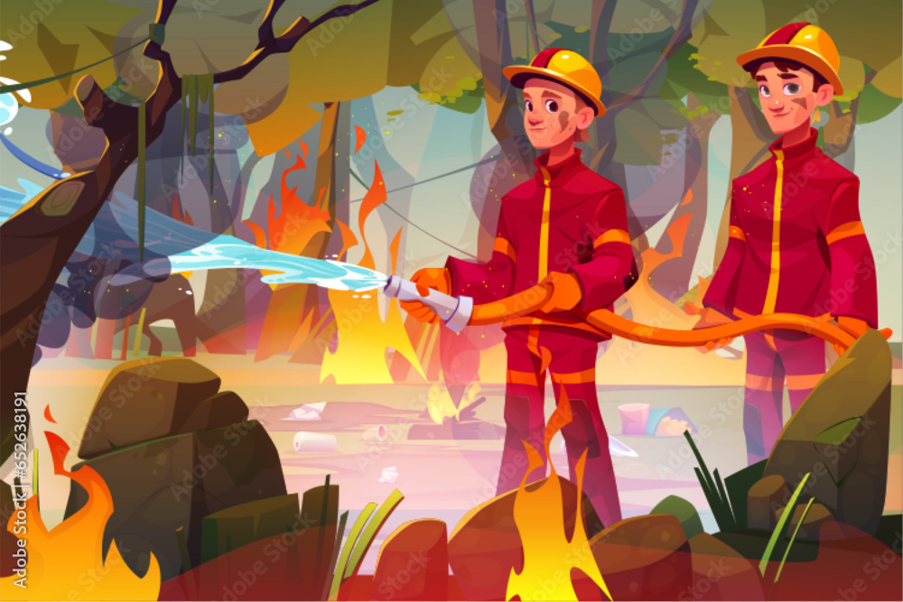Firemen with hose extinguishing fire in forest. Vector cartoon ...