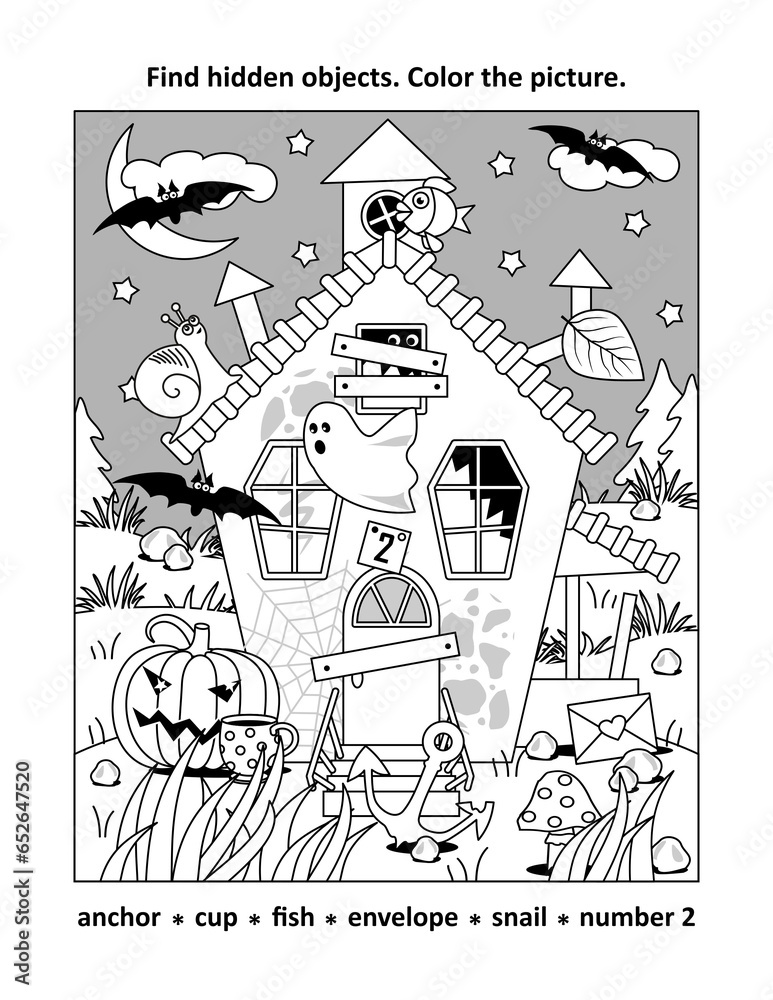 Find hidden objects picture puzzle and coloring page. Halloween haunted ...