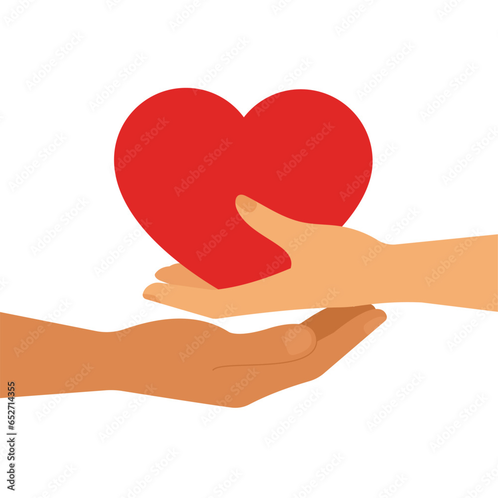 Female hand is giving heart to male hand. Symbol of kindness, love ...