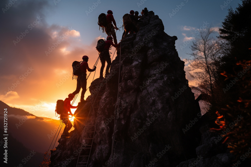 group of climbers working together to ascend a sheer rock face ...