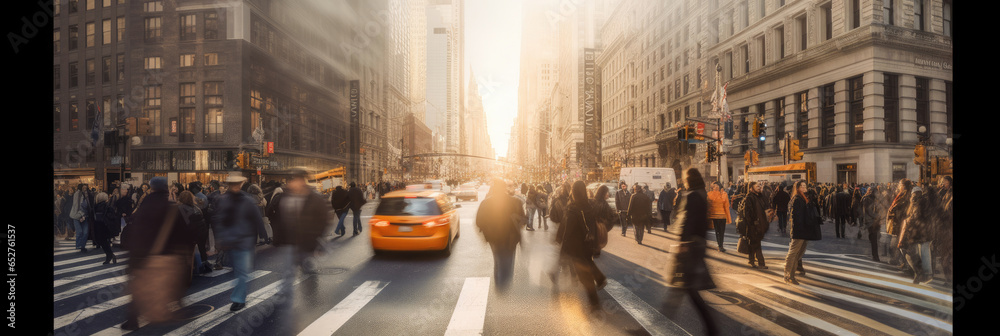 Blurred Busy street scene with crowds of people walking across an ...