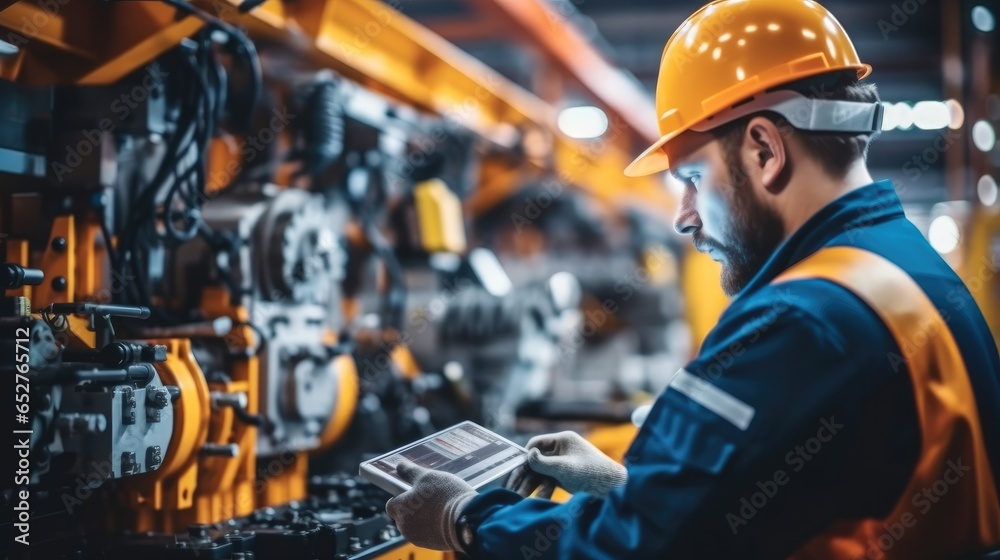 Engineer checking machines for safety protocol in a manufacturing plant ...