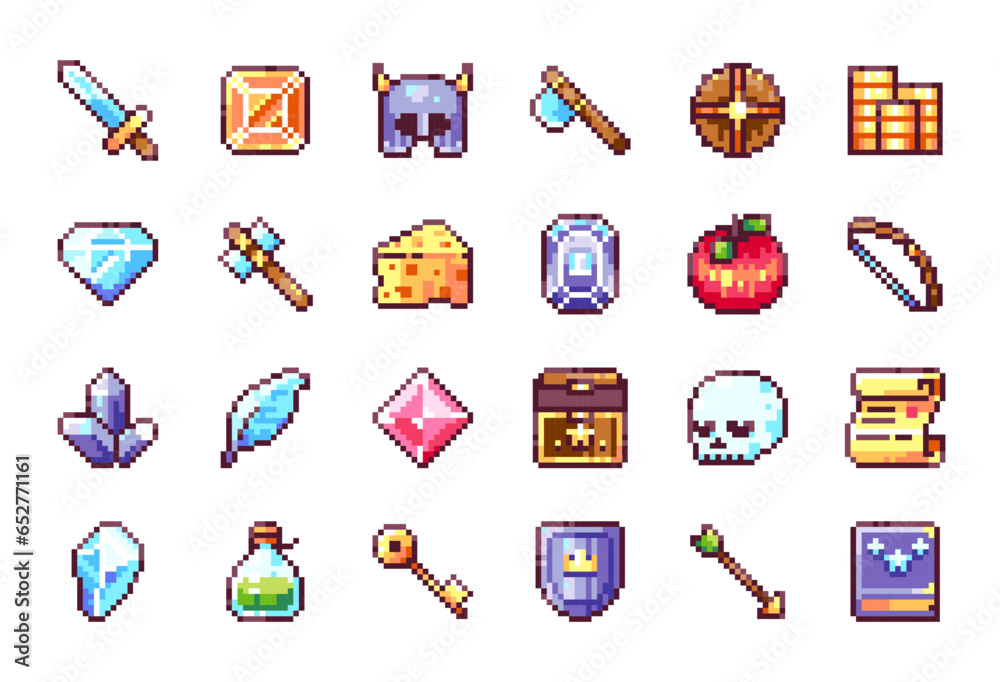 Pixel Art Game Elements Collection. 8bit Video Games Icons. Pixelated ...