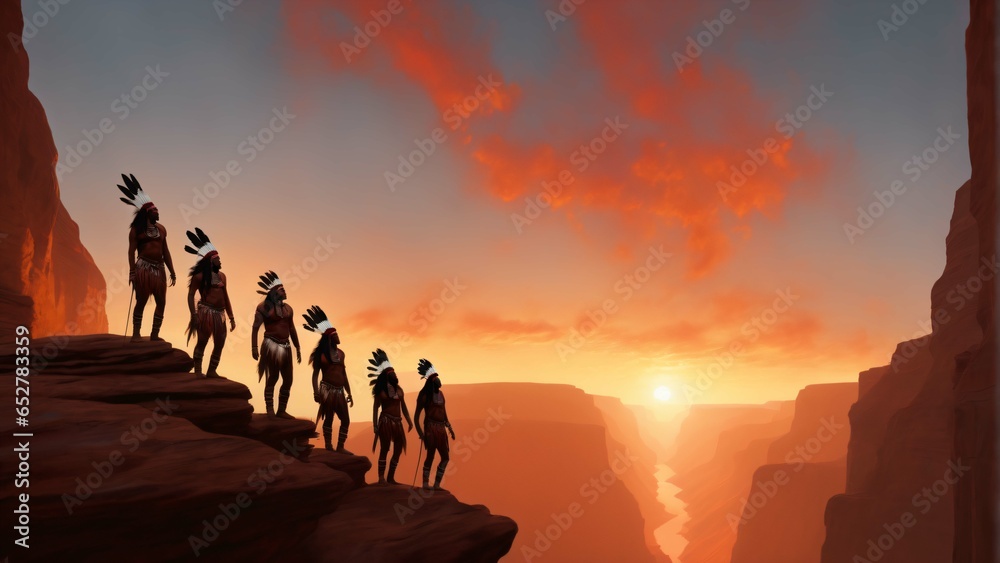 Red Indians in native America on top of a canyon. Highly detailed and ...