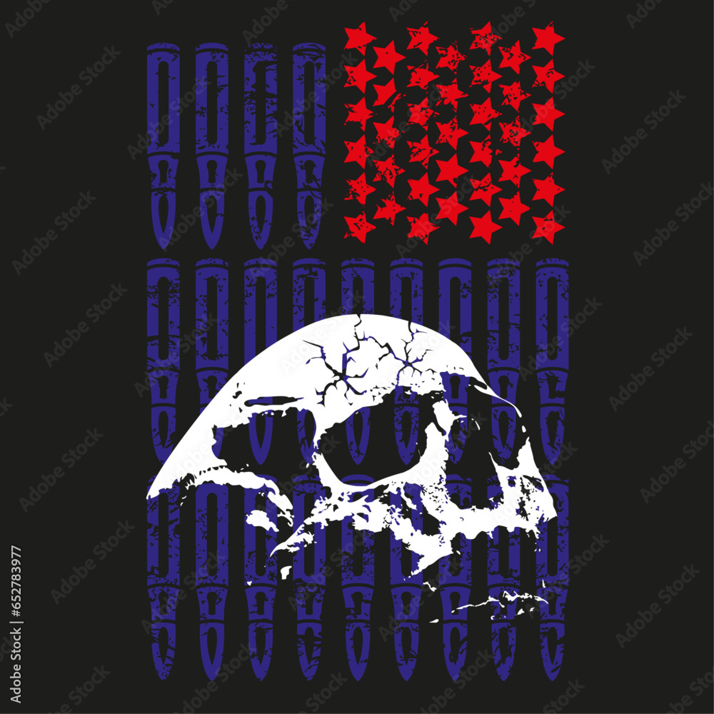 T-shirt design of a skull next to the USA flag made up of bullets. Anti ...
