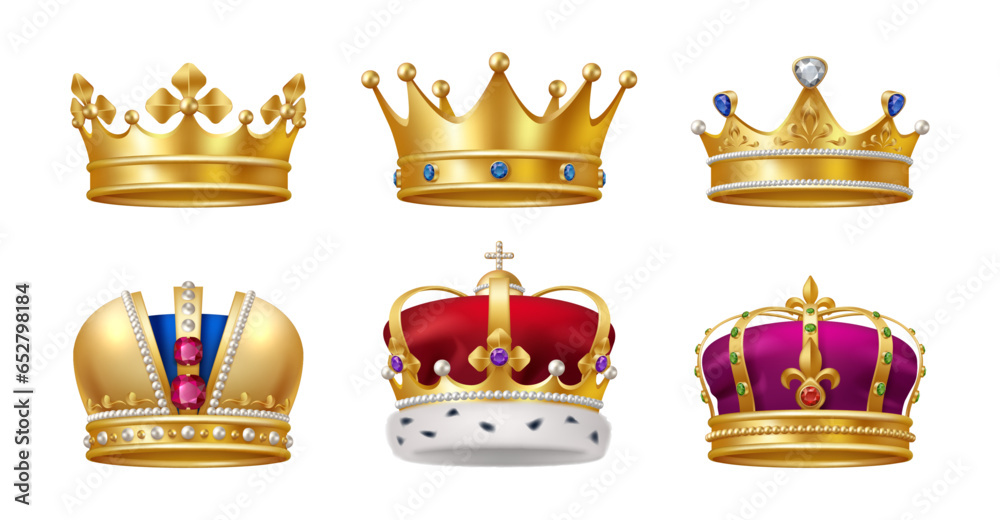 Set of crown in realistic design, golden royal jewelry symbol of king ...