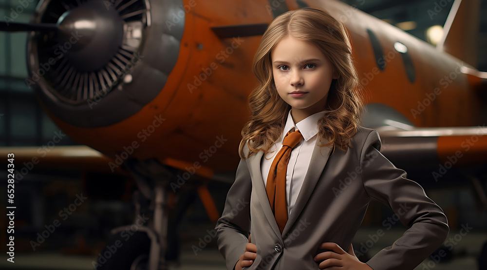 Happy and joyful looking kid dressed as an airplane pilot in the ...