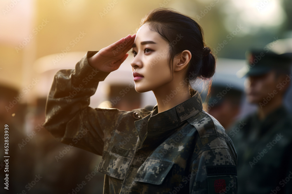 Asian female soldier saluting, pride in her eyes, alongside her diverse ...