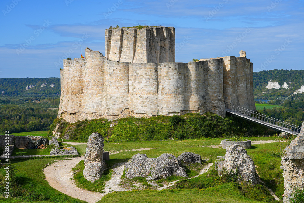 Keep of Château Gaillard, a French medieval castle overlooking the River Seine built in Normandy ...
