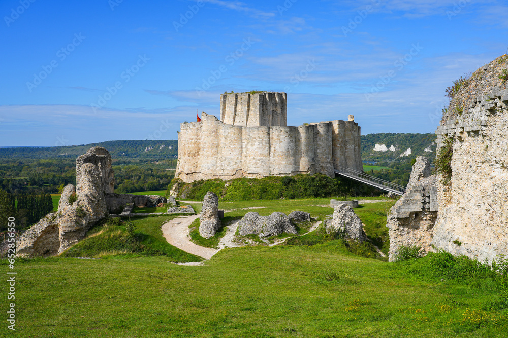 Keep of Château Gaillard, a French medieval castle overlooking the River Seine built in Normandy ...
