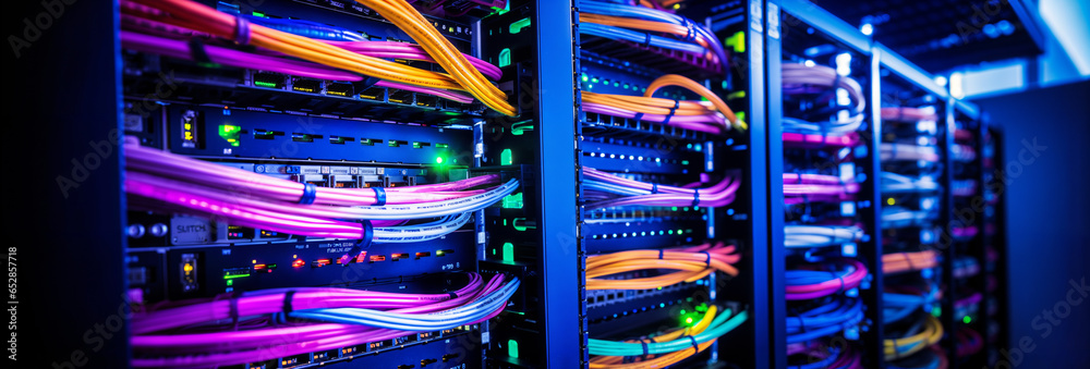 Server racks, electric cables and wires representing fiber optic ...