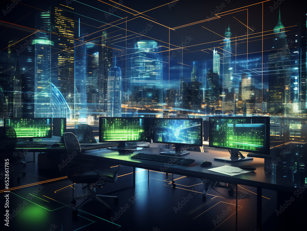 Modern neon cyberpunk open space office interior, Corporate strategy ...