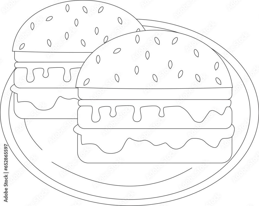 Burger coloring page vector illustration. Line drawn food. Freehand ...
