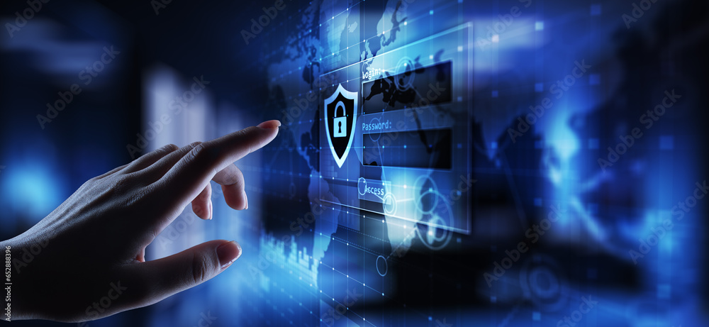 Access window with login and password on virtual screen. Cyber security ...