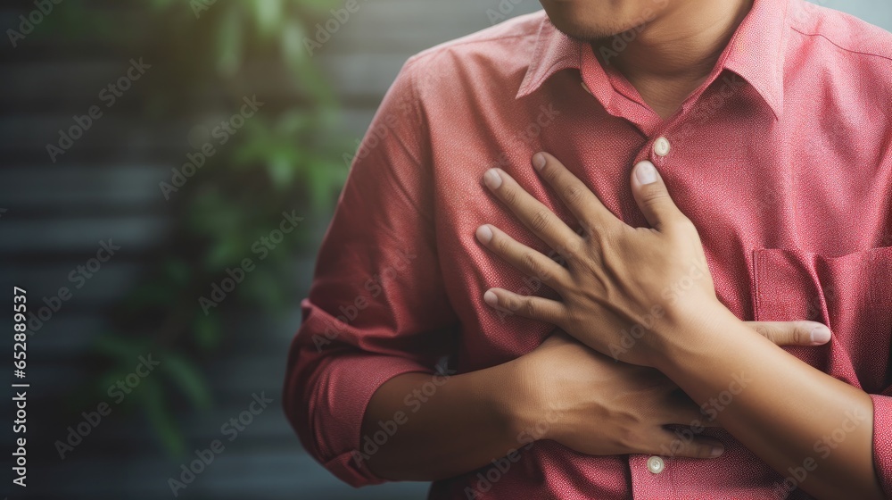 hand hold chest with heart attack symptoms, man working hard have chest ...