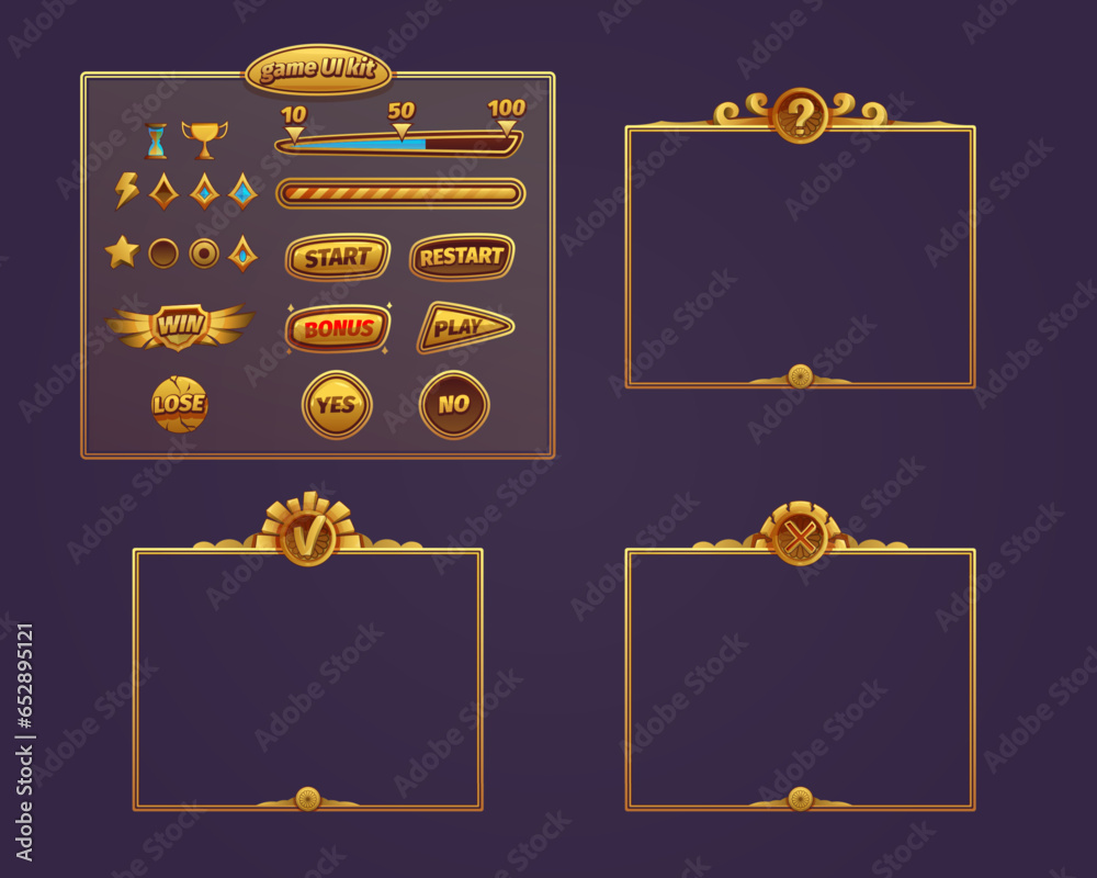 Gaming UI design with golden frames. Set of buttons, icons, checkbox ...