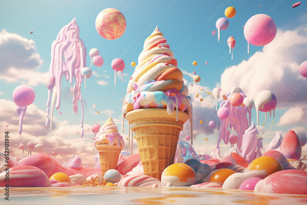 Ice Cream fantasy world, Cartoon illustration of a big ice cream waffle ...