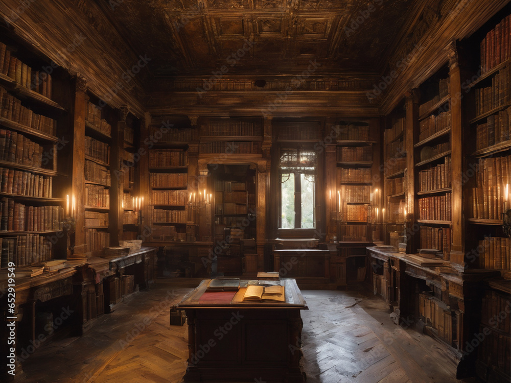 a haunted library within a sprawling mansion, Dusty shelves and ancient ...