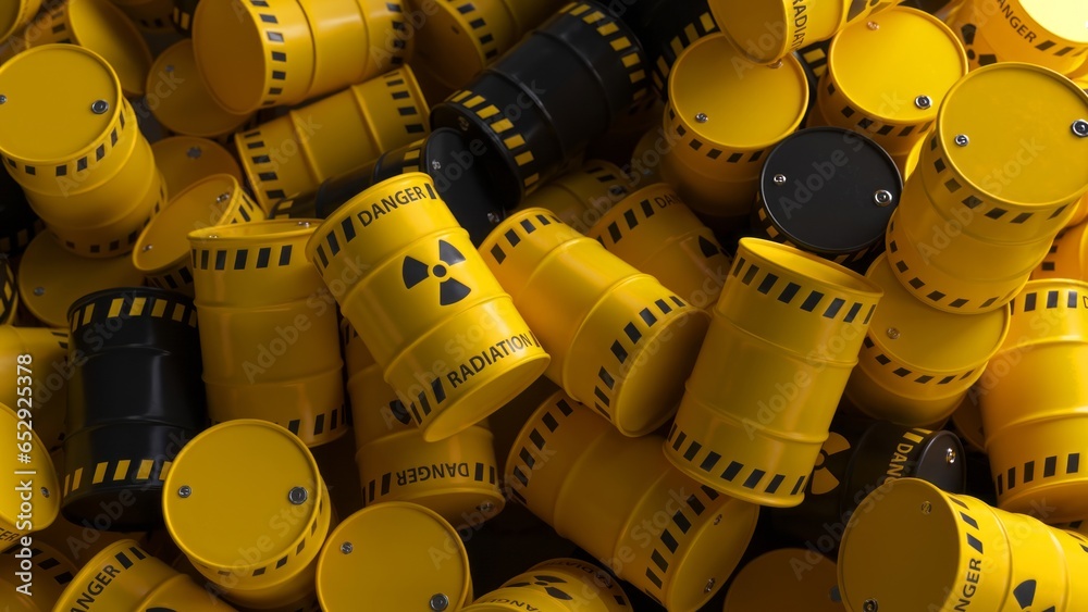Dump of yellow and black barrels with nuclear radioactive waste. Danger ...
