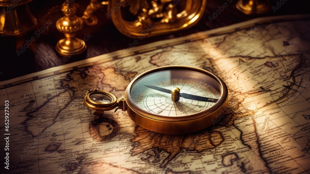 Old vintage retro compass on ancient map.The map used for background is ...