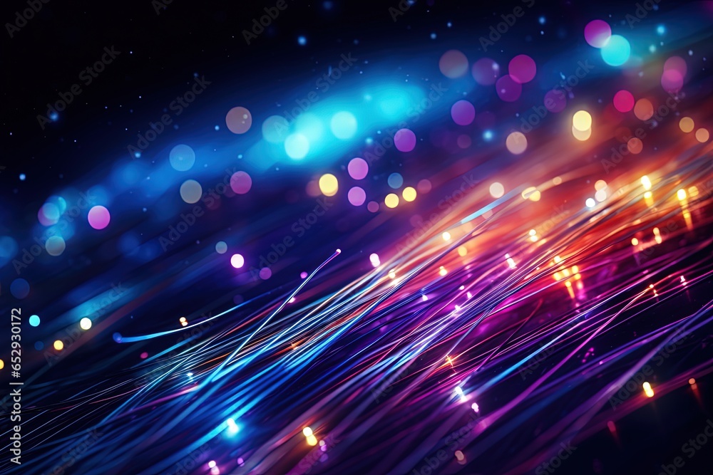 Fiber optic ethernet network cable illustration with neon lights, bokeh ...