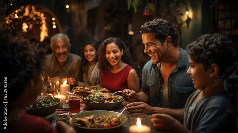 familias latinas cenando en casa disfrutando de la cena navideña en ...