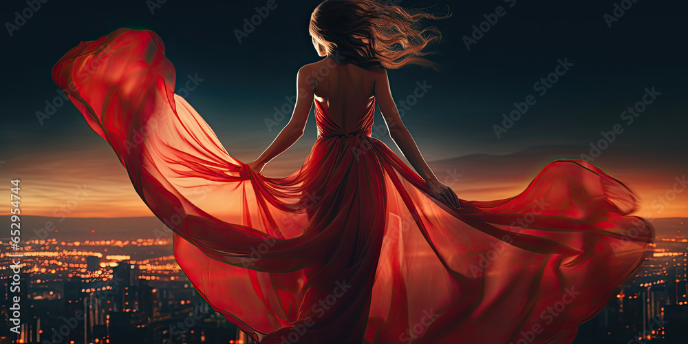 Fashion Woman in Red fluttering Dress Back Side Rear View. Glamour ...