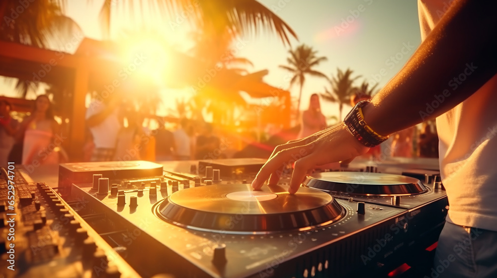 DJ is mixing music with djay controller at outdoor summer pool or beach ...