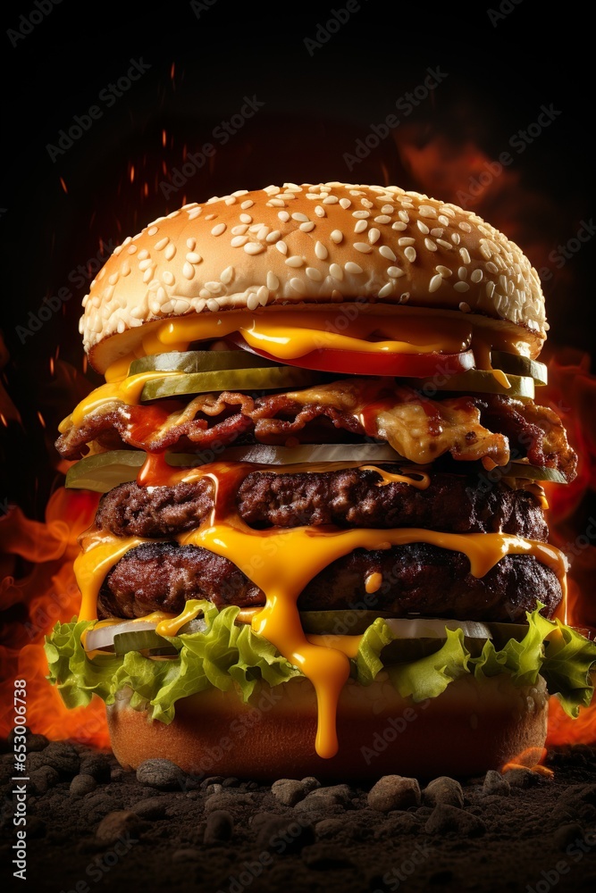 Product photo, Realistic, cinematic light, most delicious huge burger ...